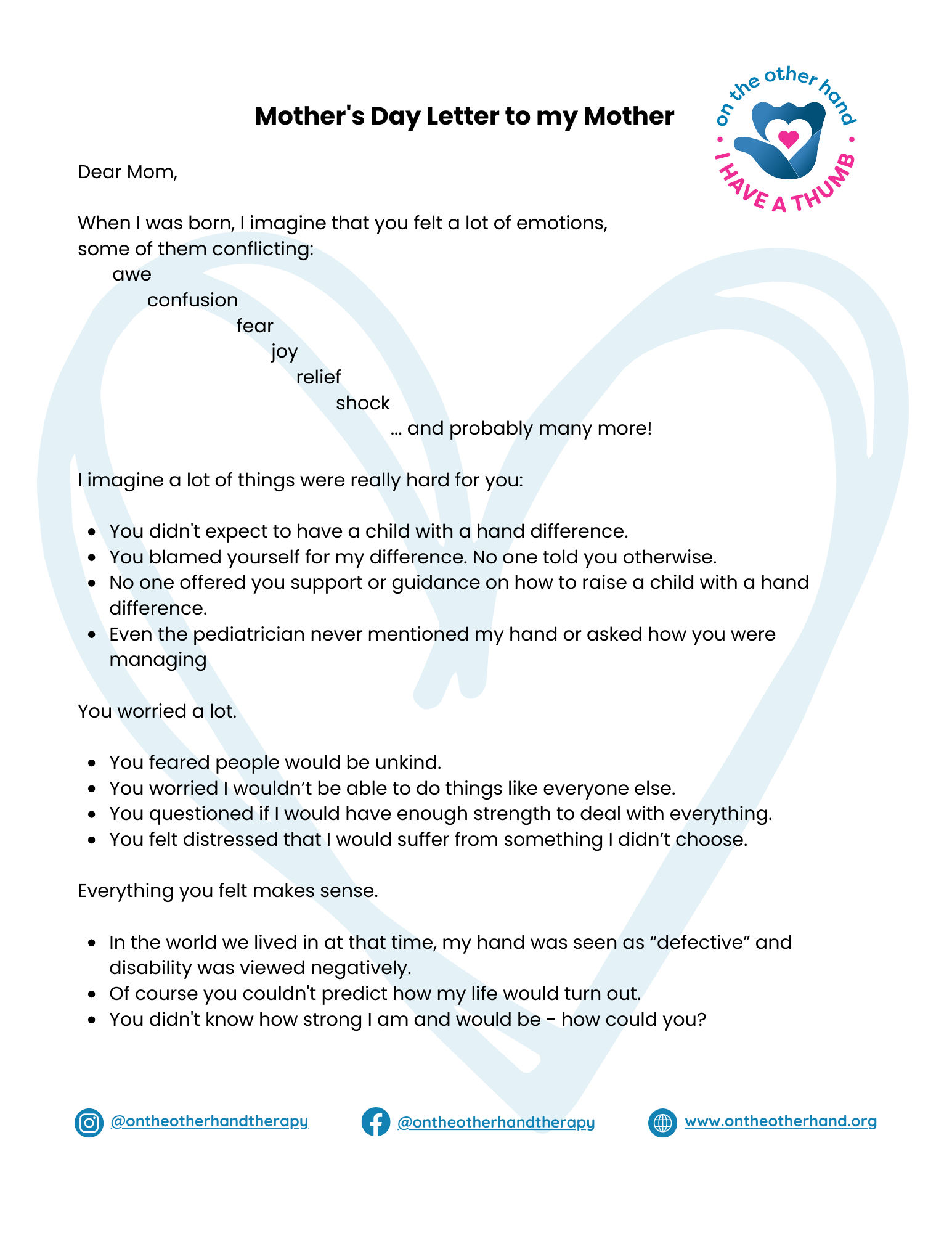 Mother's Day Letter to my Mother - On The Other Hand