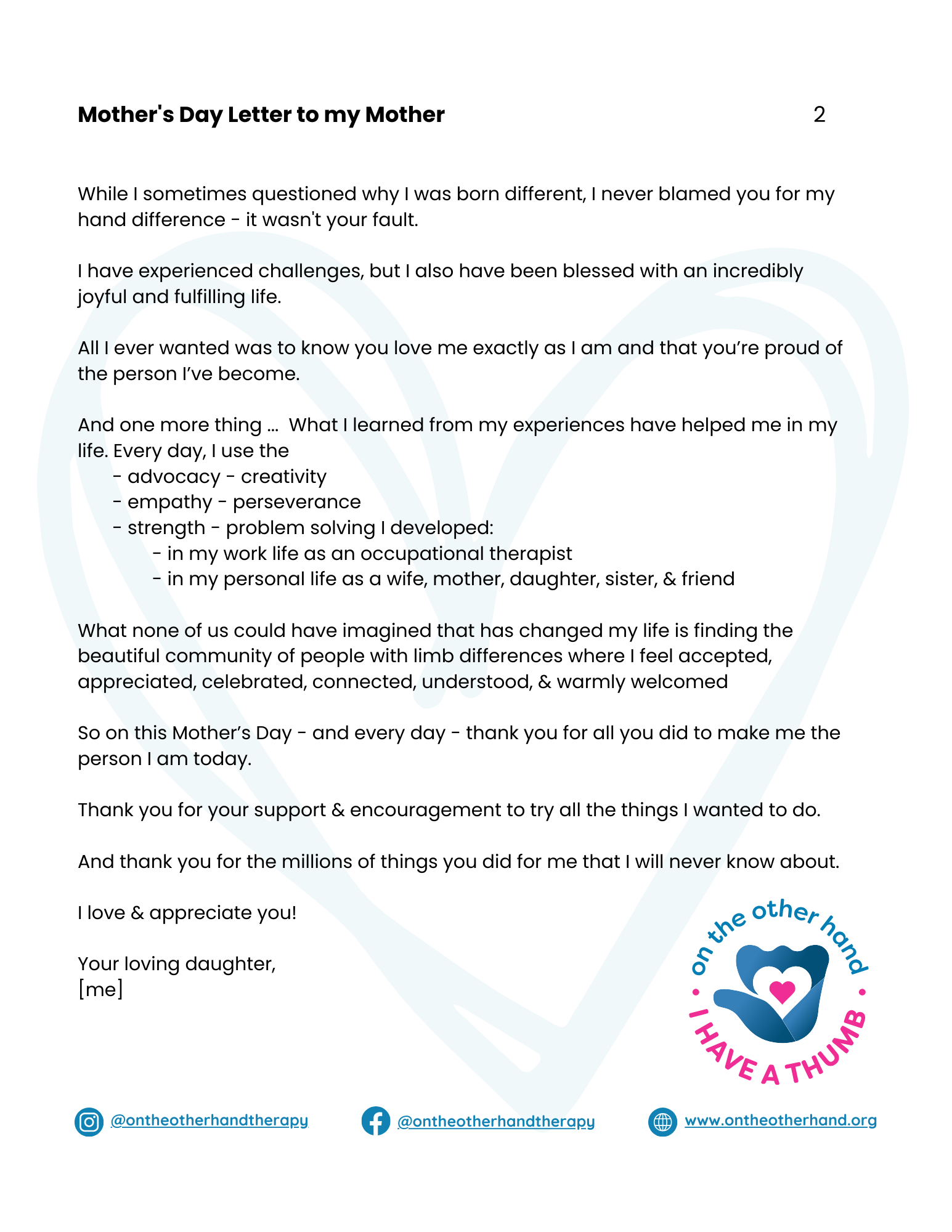 Mother's Day Letter to my Mother - On The Other Hand